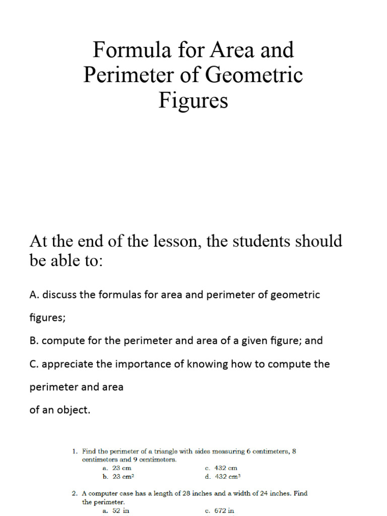 Formula For Area and Perimeter | PDF | Area | Length