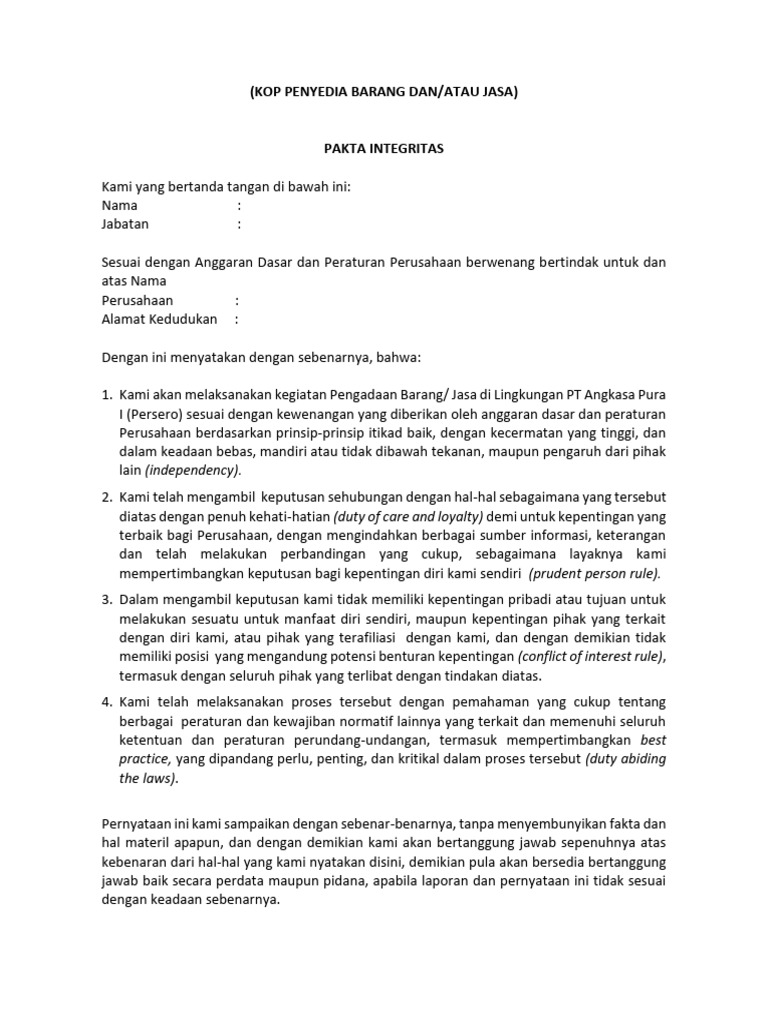 Ap1 - Pakta - Integritas - Penyedia | PDF