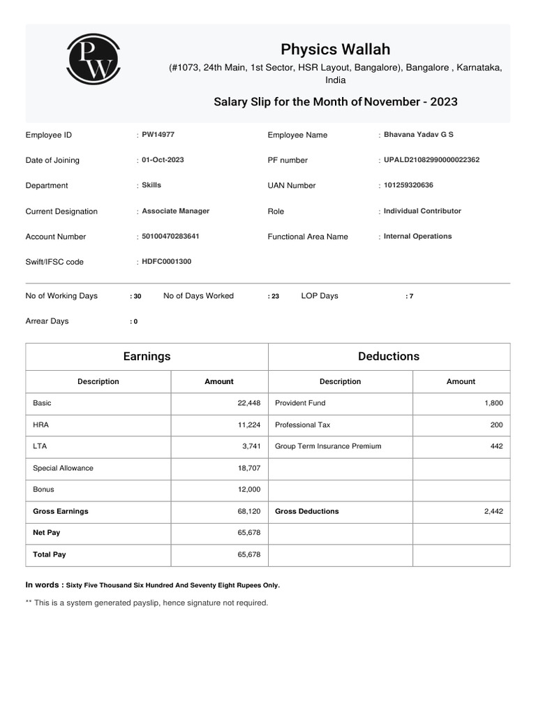 November Month Payslip | PDF