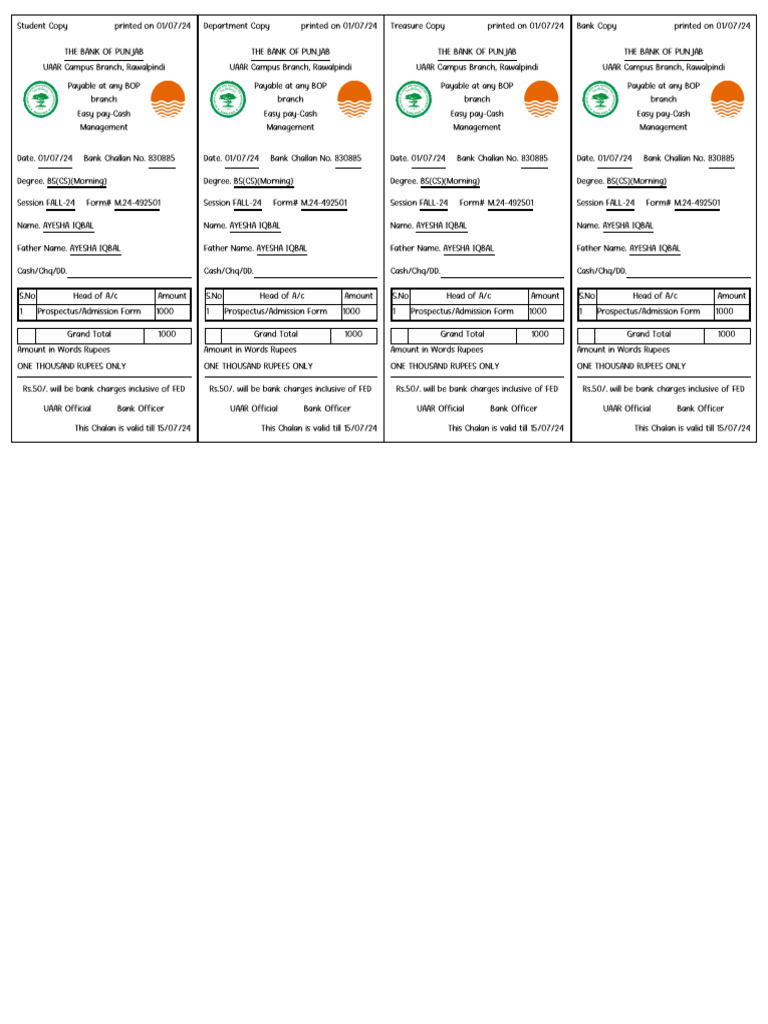 Fee Slip | PDF | Service Industries | Money