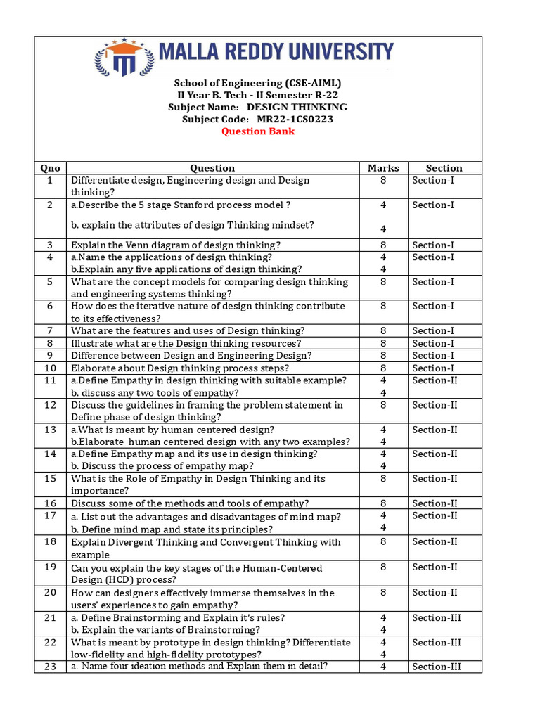 DT Question Bank With Answerkey | PDF | Design Thinking | Engineering ...