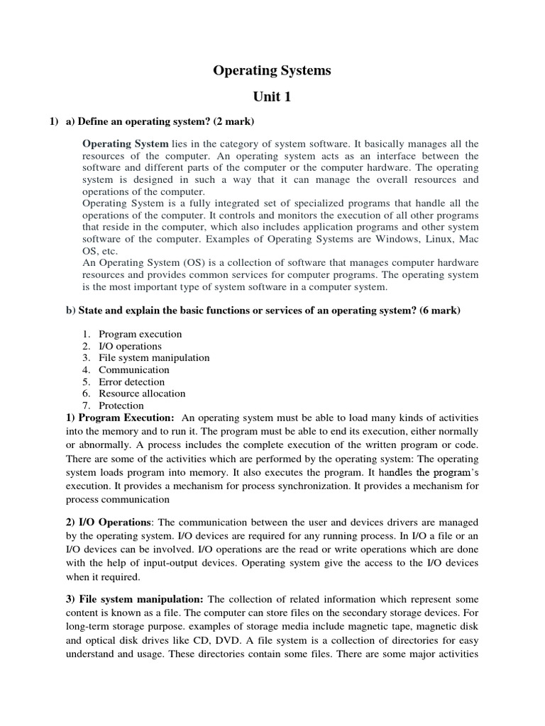 OS Unit 1 Answer Key | PDF | Thread (Computing) | Operating System