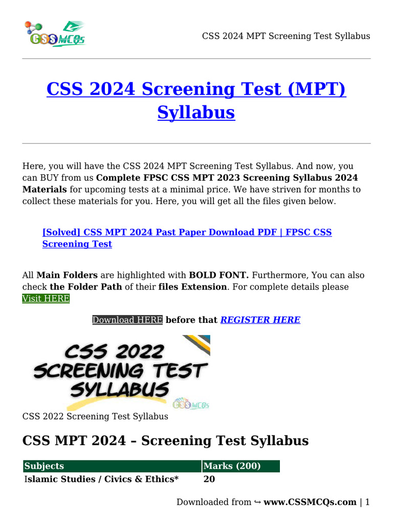 CSS 2024 MPT Screening Test Syllabus | PDF | Multiple Choice