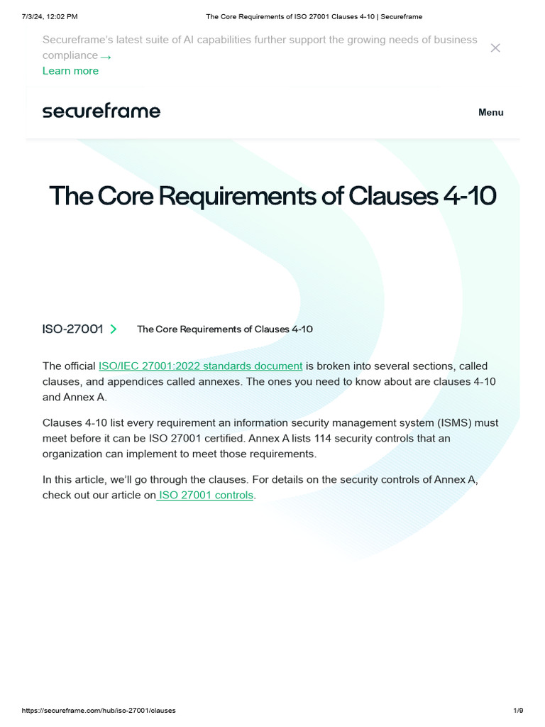 The Core Requirements of ISO 27001 Clauses 4-10 - Secureframe | PDF | Information Security ...