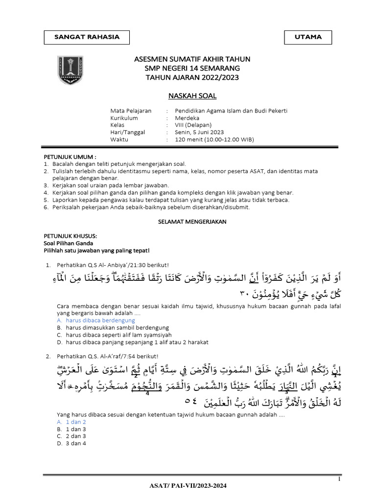Soal ASAT Genap PAI Kelas 8 TA 2023-2024 | PDF