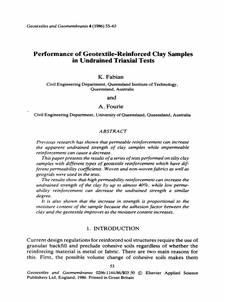 1986 K Fabian Performance Of Geotextile Reinforced Clay Samples In Undrained Triaxial Tests