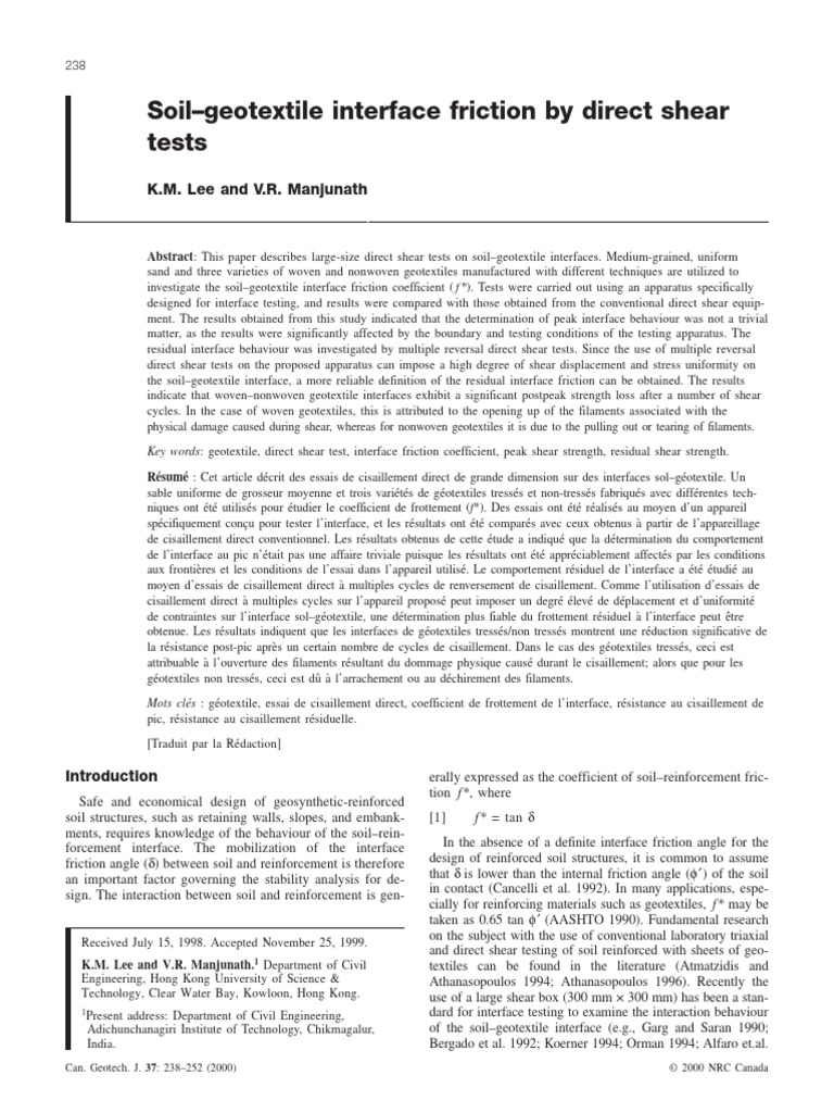 2000, Lee, K M Soil-Geotextile Interface Friction by Direct Shear Tests ...
