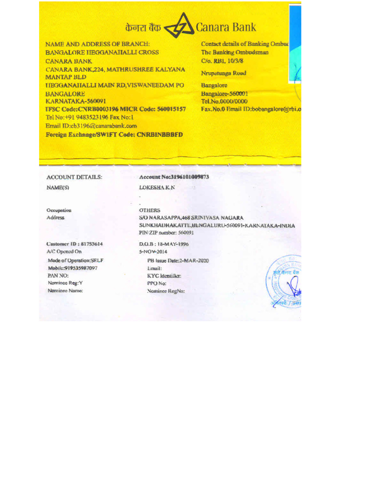 Canara Bank Pass Book | PDF