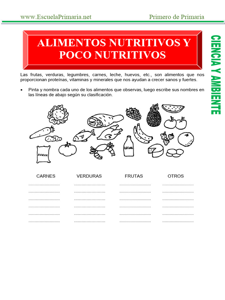 Alimentos Nutritivos y No Nutritivos para Primero de Primaria | PDF | Alimentos | Vegetales