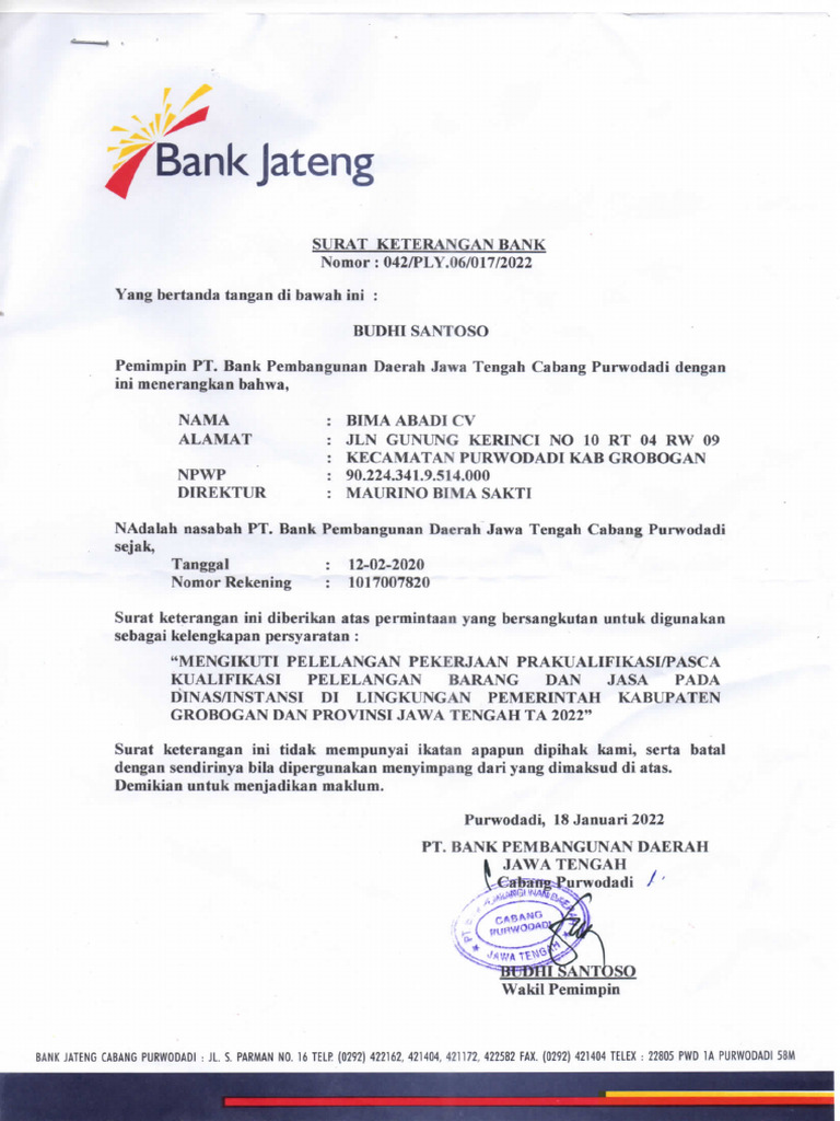 Referensi Bank CV Bima Abadi 2022 | PDF