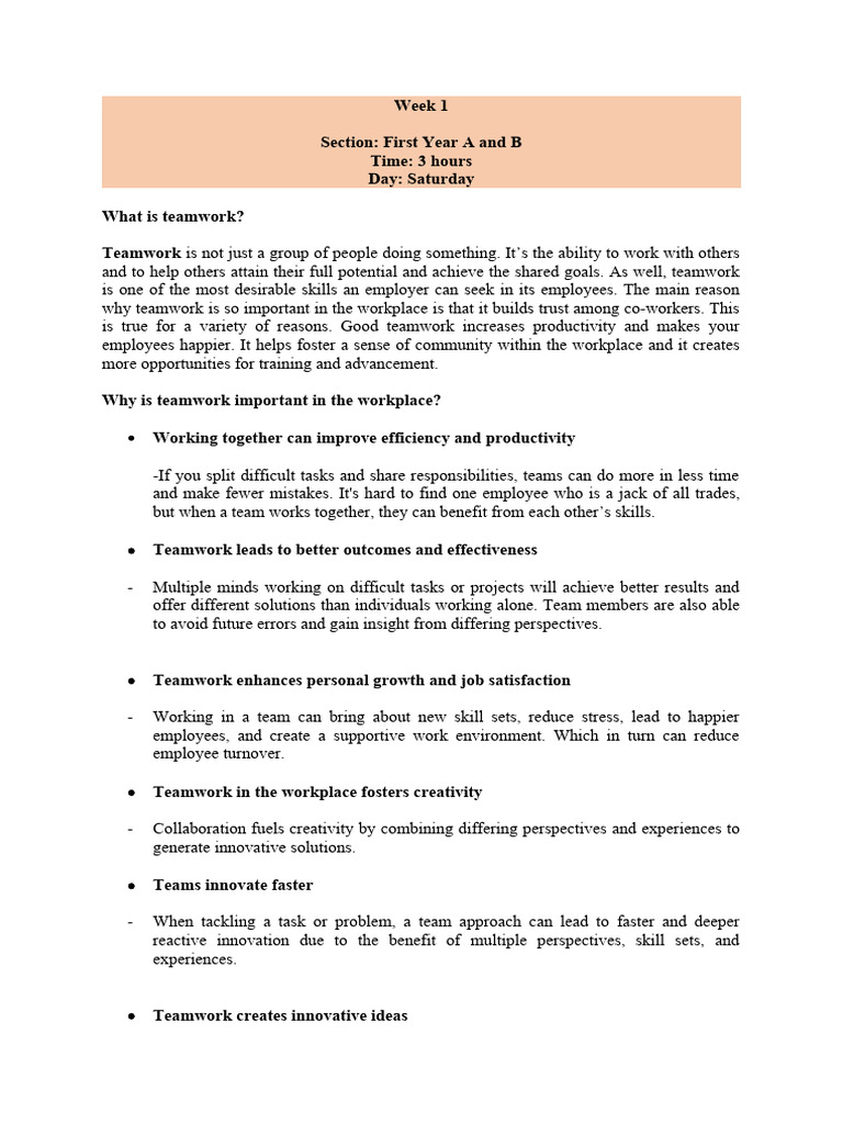 Team Work Week 1-2 | PDF | Employment | Goal