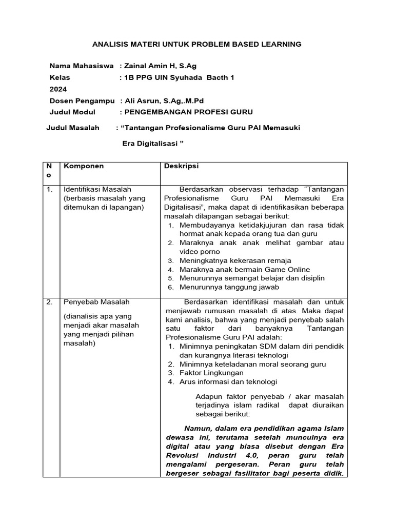 ANALISIS MATERI PBL Pengembangan Profesi Guru | PDF