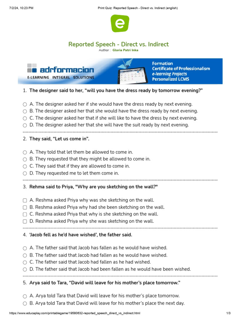 Print Quiz - Reported Speech - Direct vs. Indirect (English) | PDF