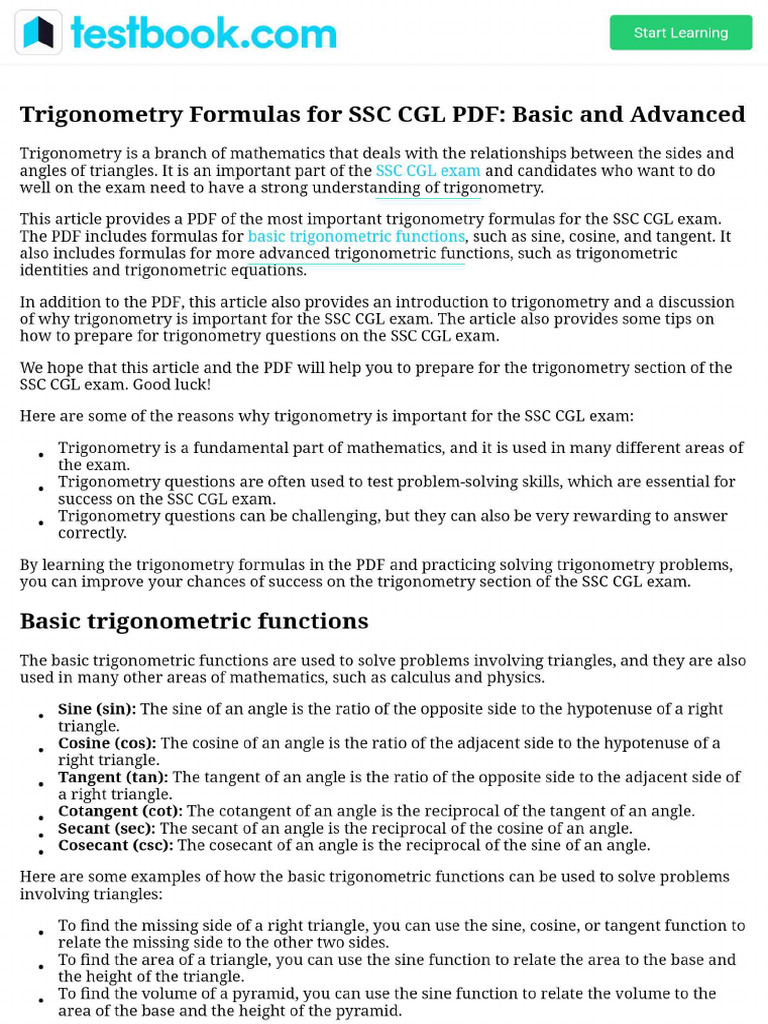 Trigonometry Formulas For SSC CGL PDF - Basic and Advanced | PDF