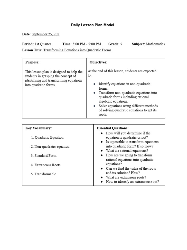 Lesson Plan - REVISED (Josel) | PDF | Equations | Quadratic Equation