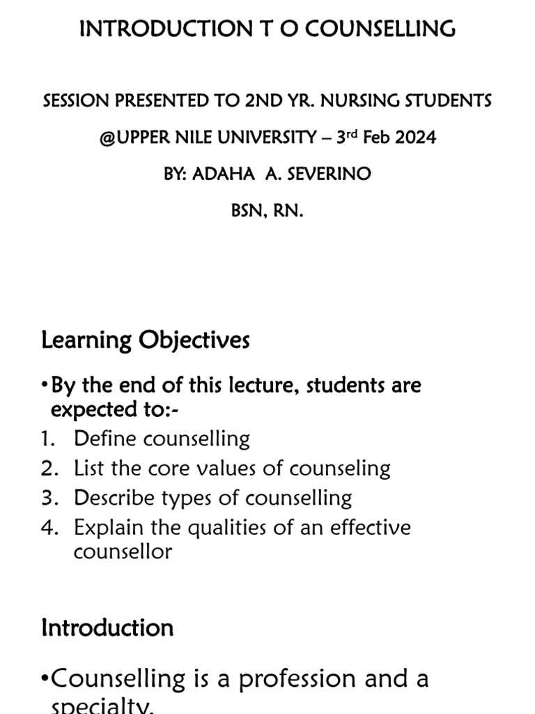 INTRODUCTION TO COUNSELING 3rd Feb 2024 | PDF | Psychotherapy ...
