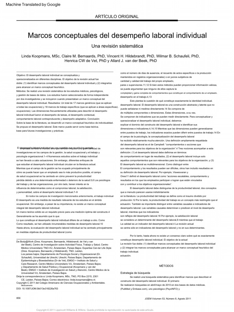 Koopmans Et Al. 2011 Desempeño en Tarea | PDF | Comportamiento | Sicología