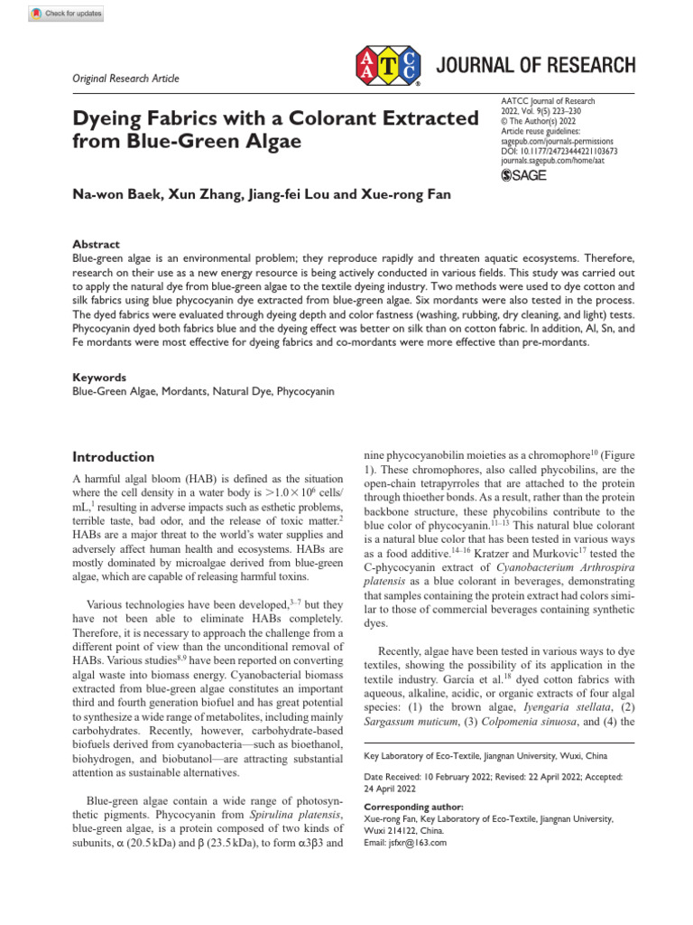 Baek Et Al 2022 Dyeing Fabrics With A Colorant Extracted From Blue ...