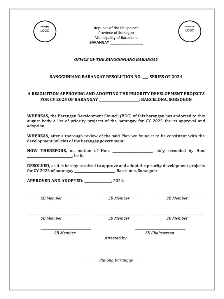 Barangay Council Resolution Approving and Adopting Priority Devt ...