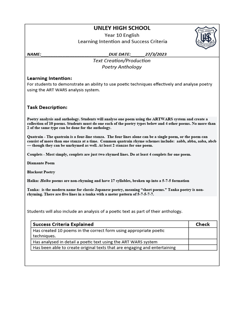 (Template) Year 10 Assessment Poetry 2023 | PDF | Poetry | Intertextuality