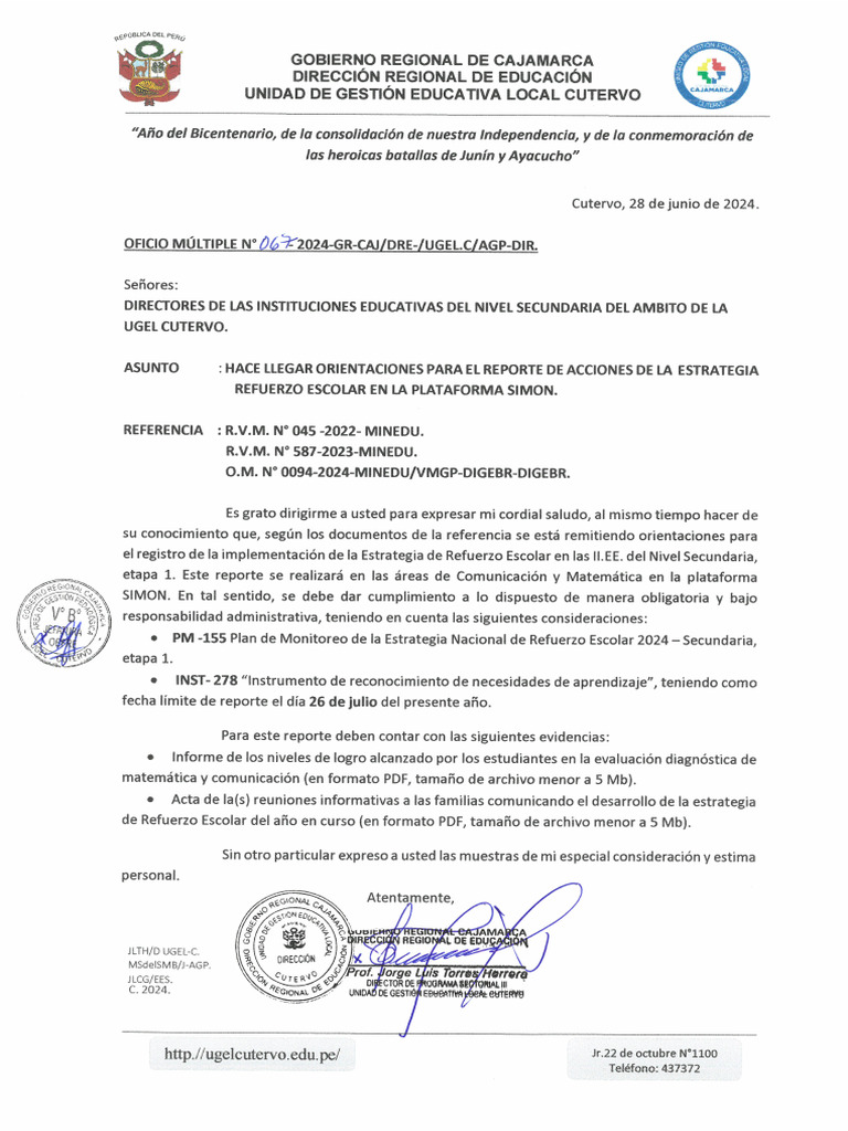 Oficio Multiple #067 2024 - Refuerzo Escolar | PDF