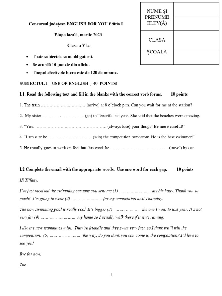 English-for-You-Subiect Clasa A VI-a | PDF