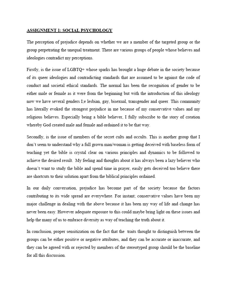 Assignment 1 - Social Psychology | PDF | Prejudices | Gender