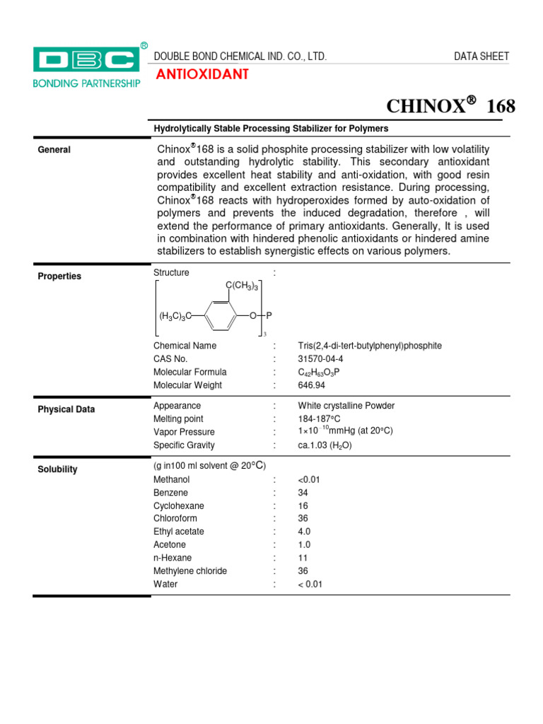 Chinox 168: Polymer Stabilizer Guide | PDF | Chemical Substances ...