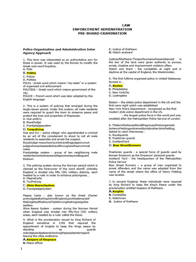 LAW Enforcement Adminstration Pre-Board Examination: Police Organization and Administration ...