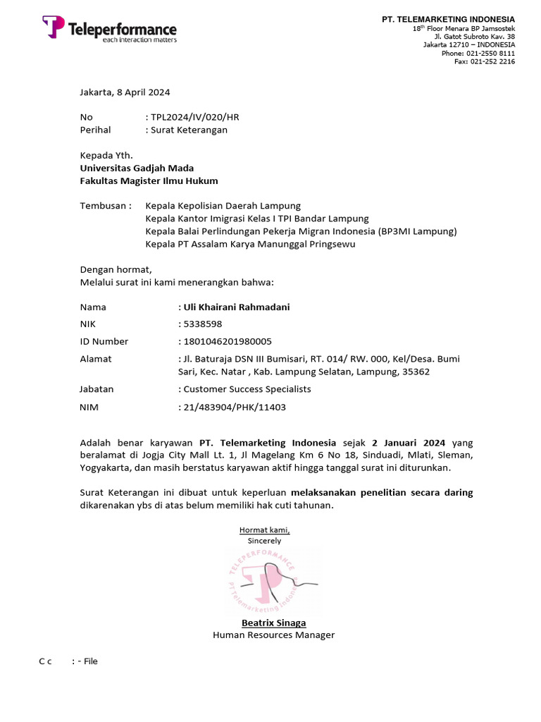 SKK - Uli Khairani Rahmadani - Teleperformance Indonesia | PDF
