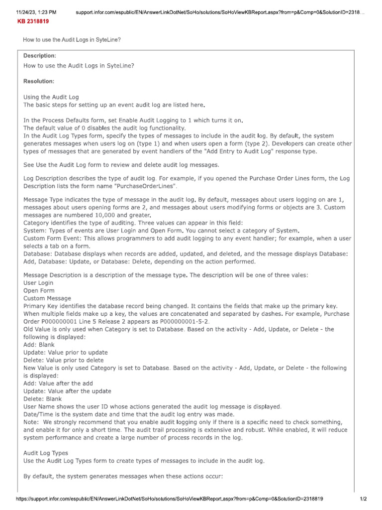 How To Use Audit Log in Syteline - KB-2318819 | PDF