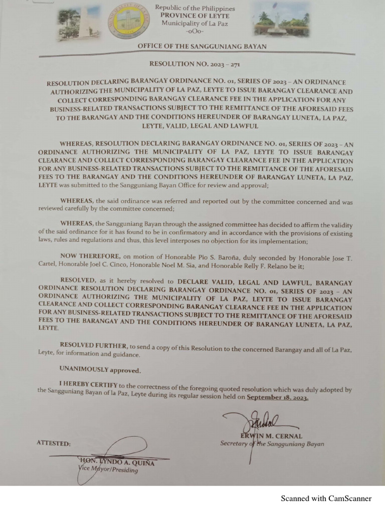 5.2.1 Enacted Barangay Ordinance On Barangay Clearance Fees On Business Permit and Locational ...