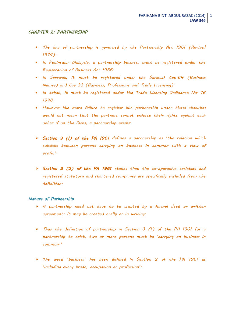 Law346 Partnership and Company Note Simple | PDF | Partnership | Assignment (Law)