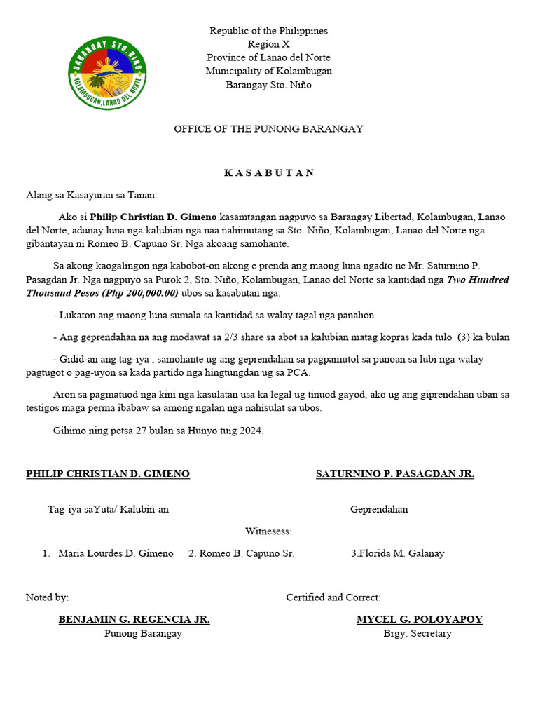 Kasulatan Ni SATURNINO PASAGDAN UGPHILIP CHRISTIAN GIMENO | PDF