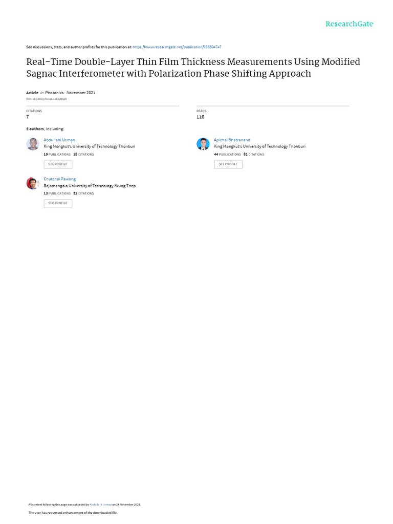 Real-Time Double-Layer Thin Film Thickness Measurements Using Modified Sagnac Interferometer ...