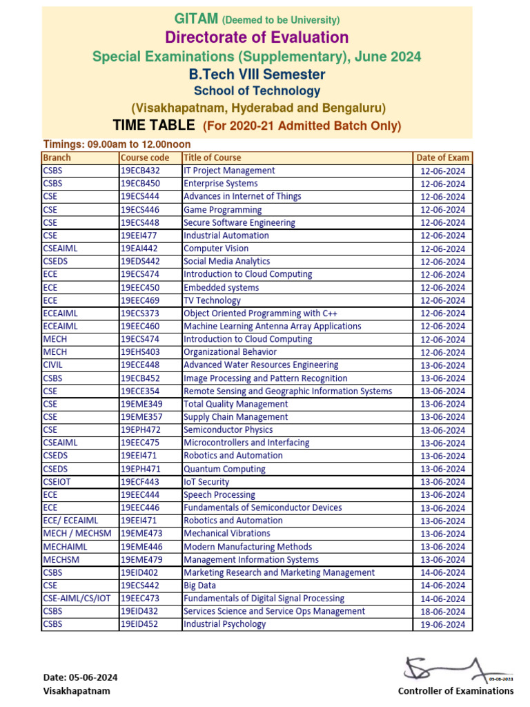 Special Supplementary Exams Timetable-June 2024 | PDF | Computing ...