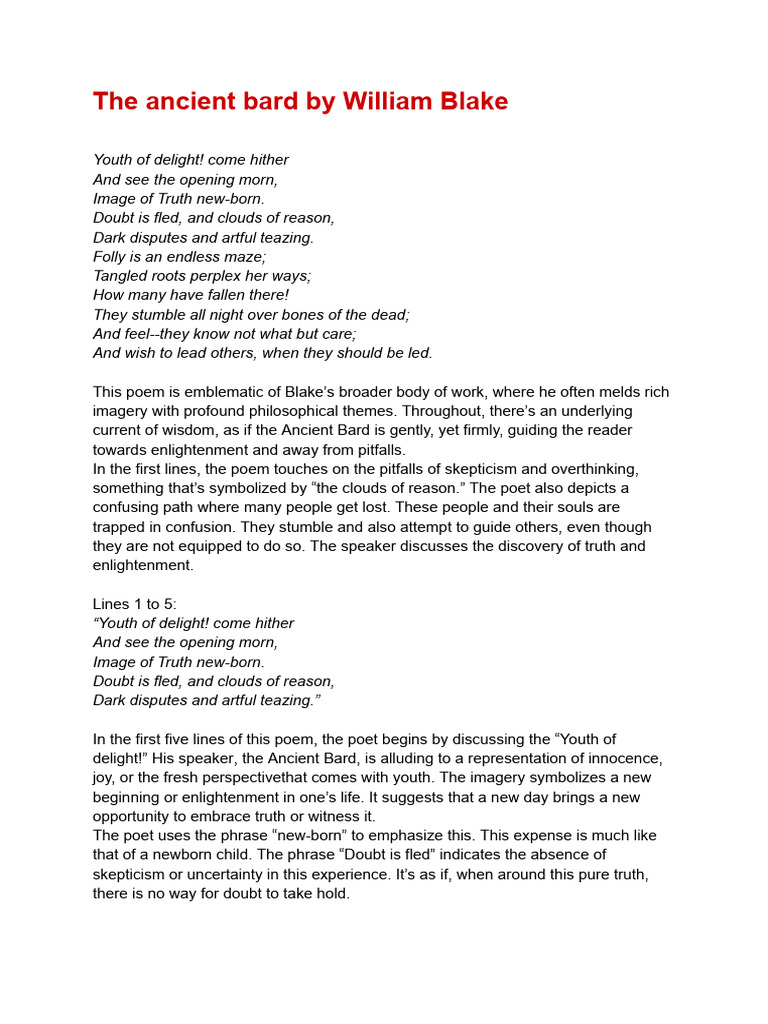 Blake's Ancient Bard: Enlightenment Poem | PDF | Reason