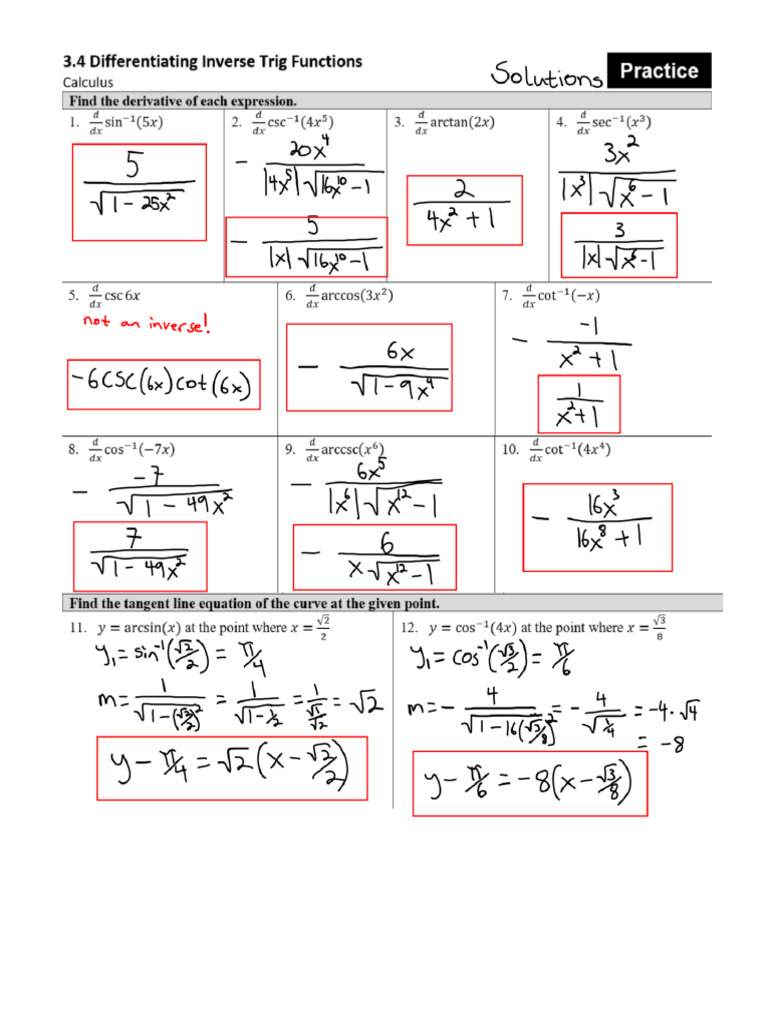 Differentiating Inverse Trig Functions Notes ANSWER | PDF