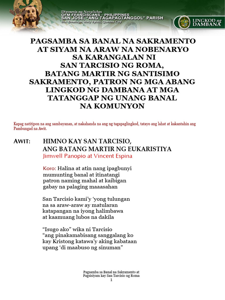 Pagsamba Sa Banal Na Sakramento at Pagsisiyam Kay San Tarcisio NG Roma ...