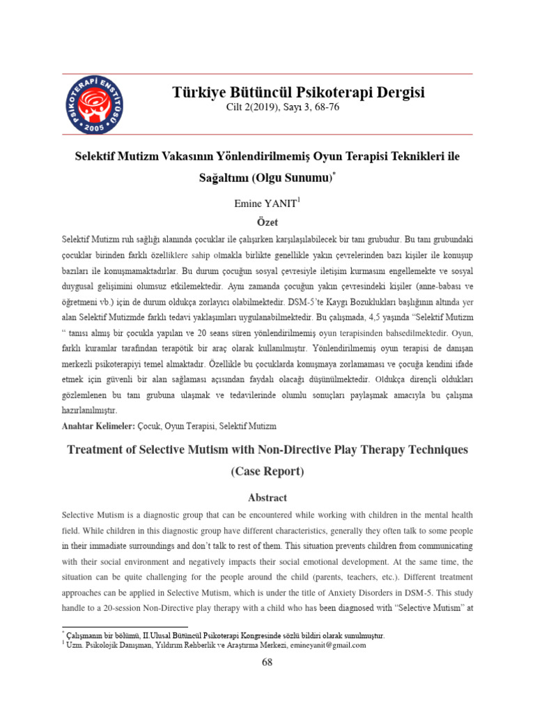 Selektif Mutizm Vakas - N - N Y - Nlendirilmemis - Oyun Terapisi Teknikleri Ile Sag - Alt - M ...