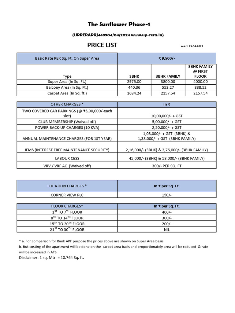 PriceList AU The Sunflower 99acres | PDF | Payments | Value Added Tax