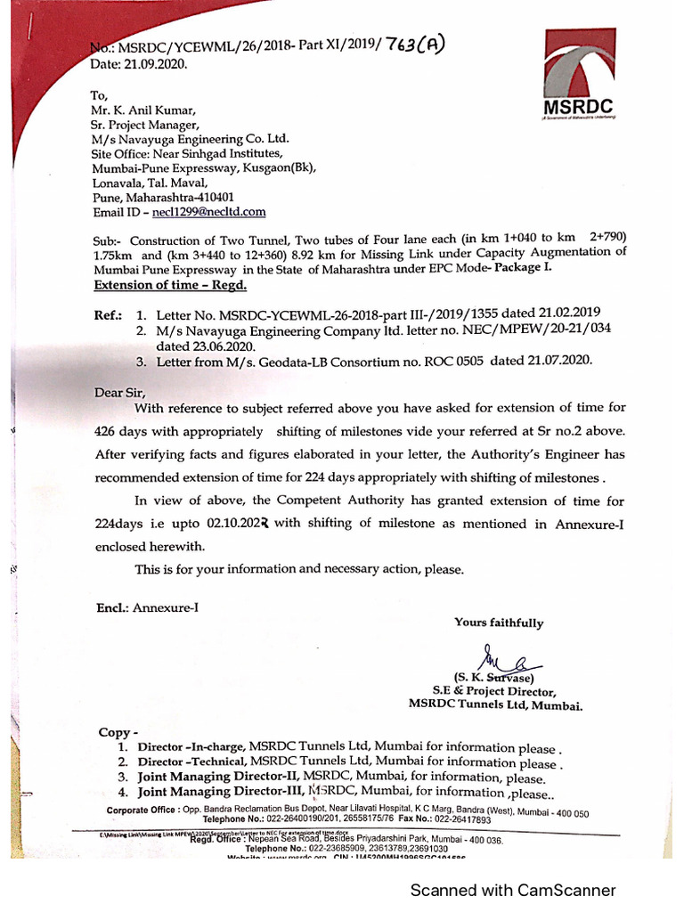 MSRDC 763 (A) - EOT Letter Approved by MSRDC | PDF