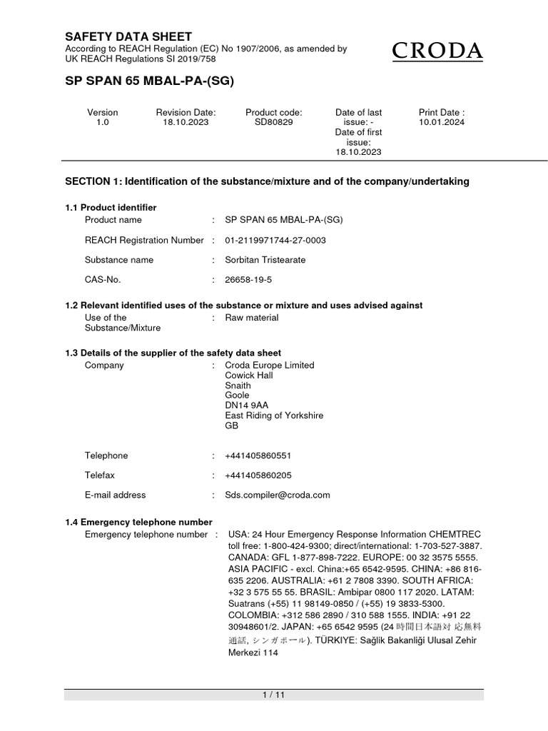 Industrial Safety Data: SP SPAN 65 | PDF | Toxicity | Dangerous Goods