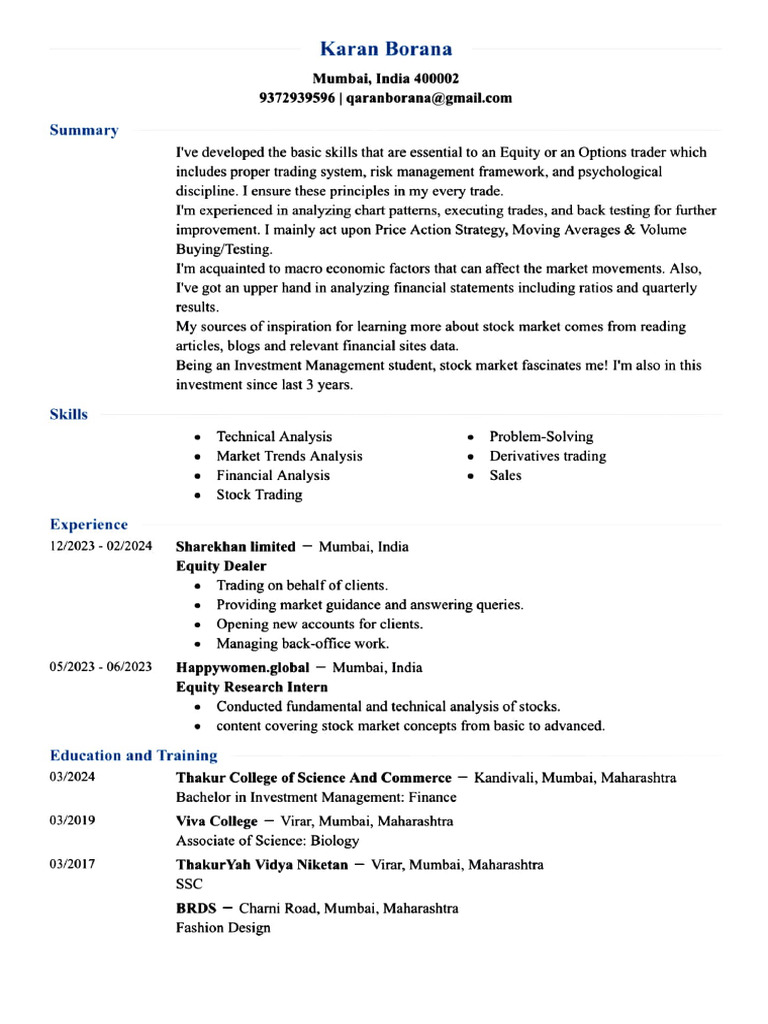 Karan Borana Resume | PDF | Technical Analysis | Stock Market