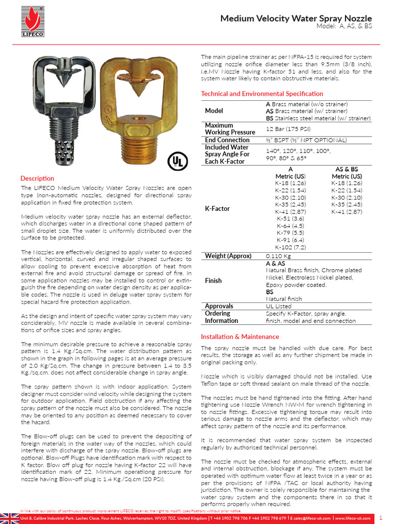 Medium Velocity Water Spray Nozzle UL | PDF | Nozzle | Gases