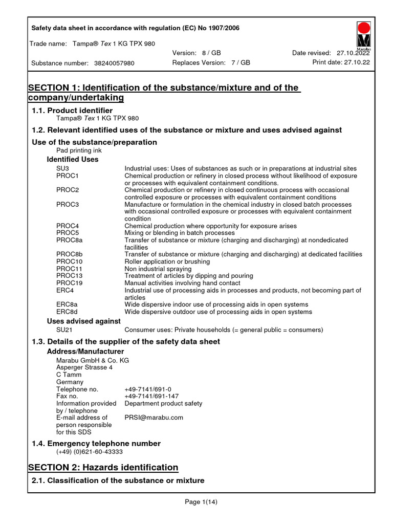 TPX 980 - MSDS - GB - en - 8 - Rep935878 | PDF | Toxicity | Chemical ...
