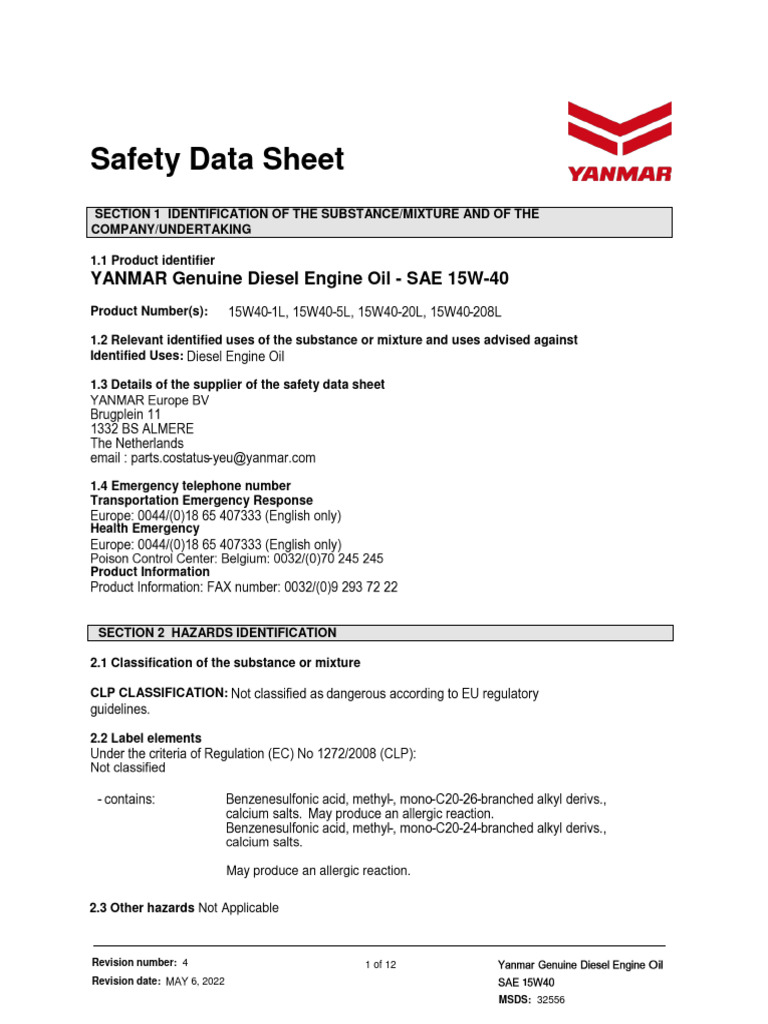 SDS Yanmar Genuine Diesel Engine Oil 15W40 ENG | PDF | Safety | Occupational Safety And Health