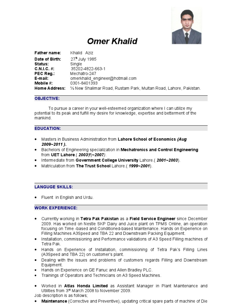Omer's CV | PDF | Pakistan | Manufacturing And Engineering