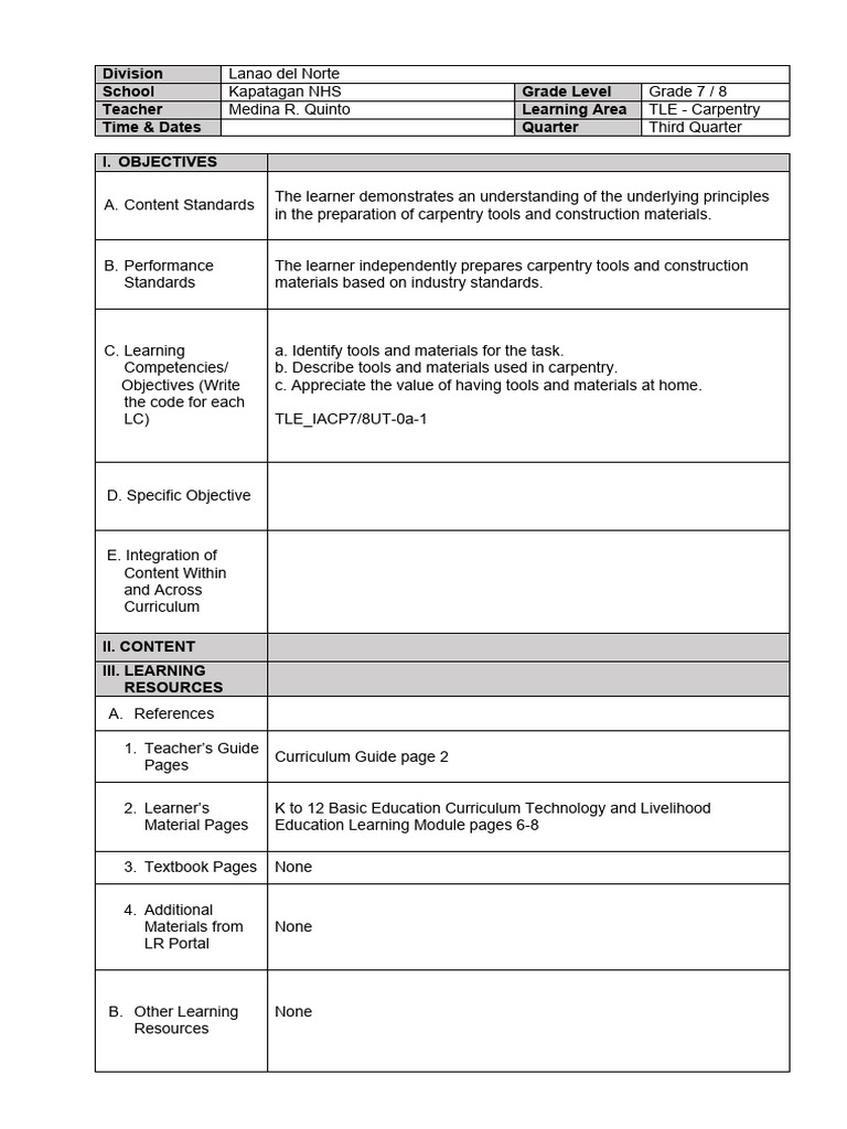 DLP-carpentry Grade 7 and 8 FINAL EDITED | PDF | Drill | Carpentry