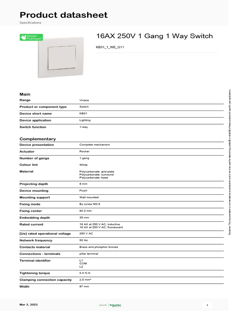 SCHNEIDER_Vivace_16AX_1_Gang_1-Way_Switch_-_KB31_1_WE_G11_KB31_1_AS_G11 ...